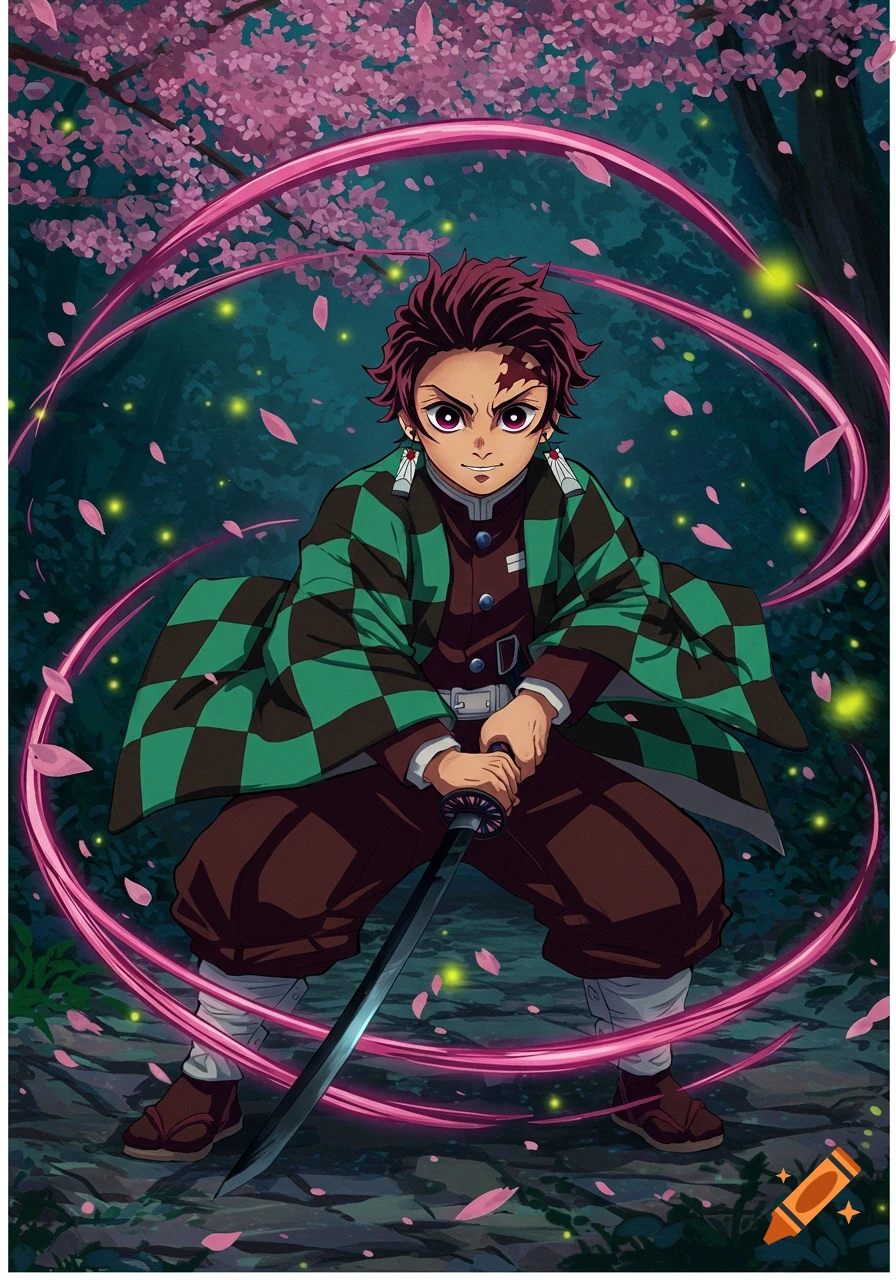 Anime illustration of Tanjiro Kamado crouching with a katana ...