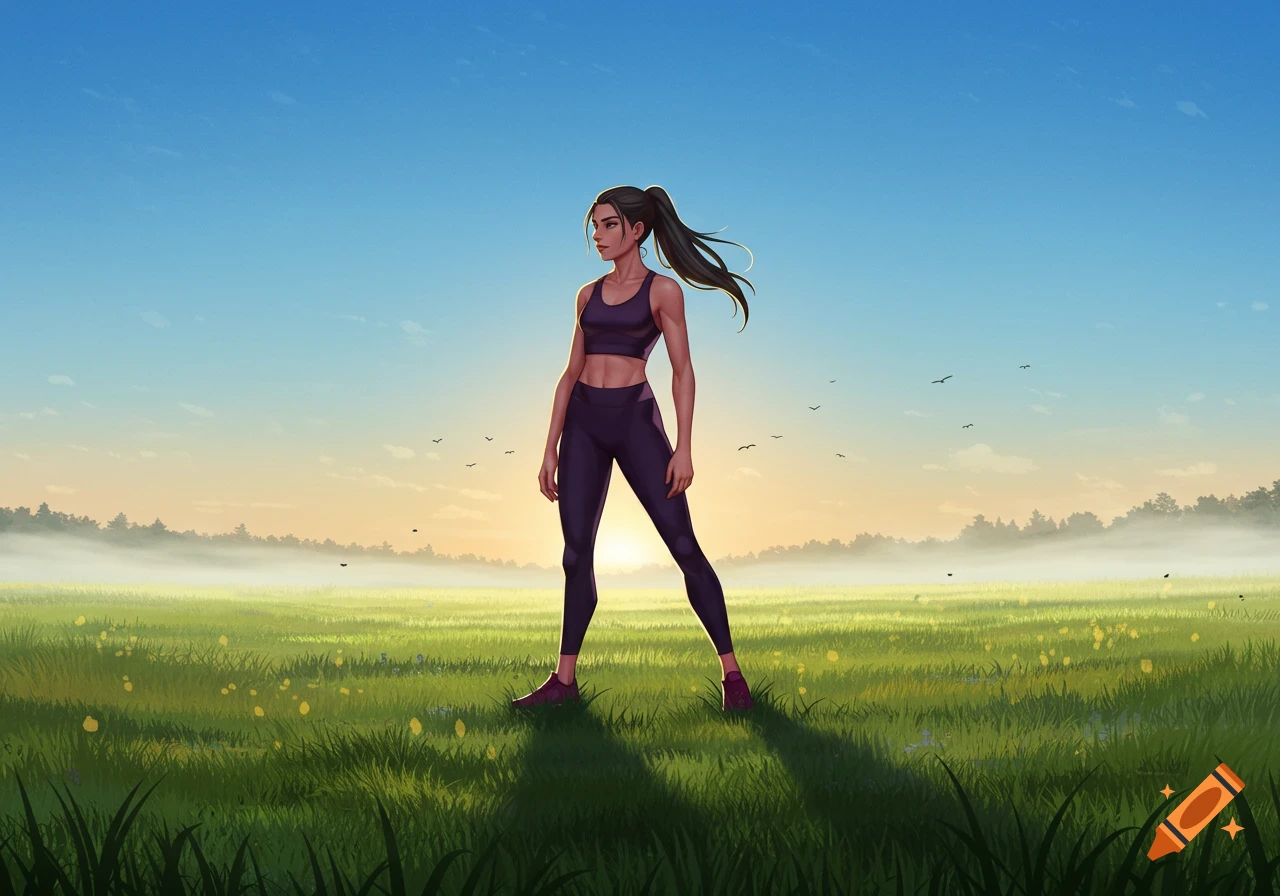 An illustrated woman with a ponytail in athletic wear stands in a ...
