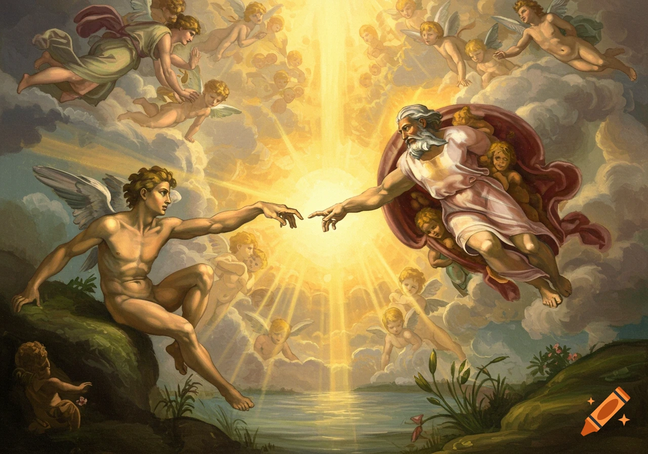 God And Adam Reach Out To Touch Fingers In A Classical Painting Style