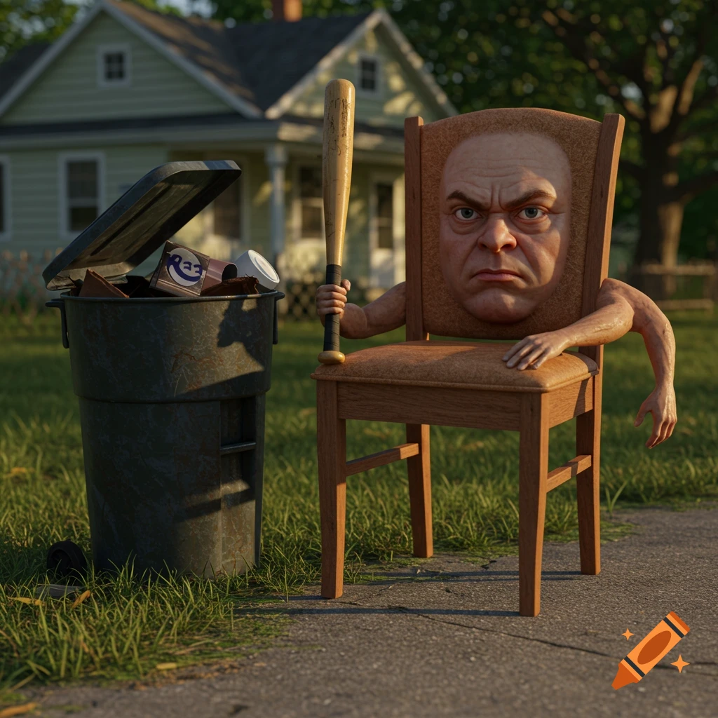 A photorealistic image of a wooden chair with a man's angry face and ...