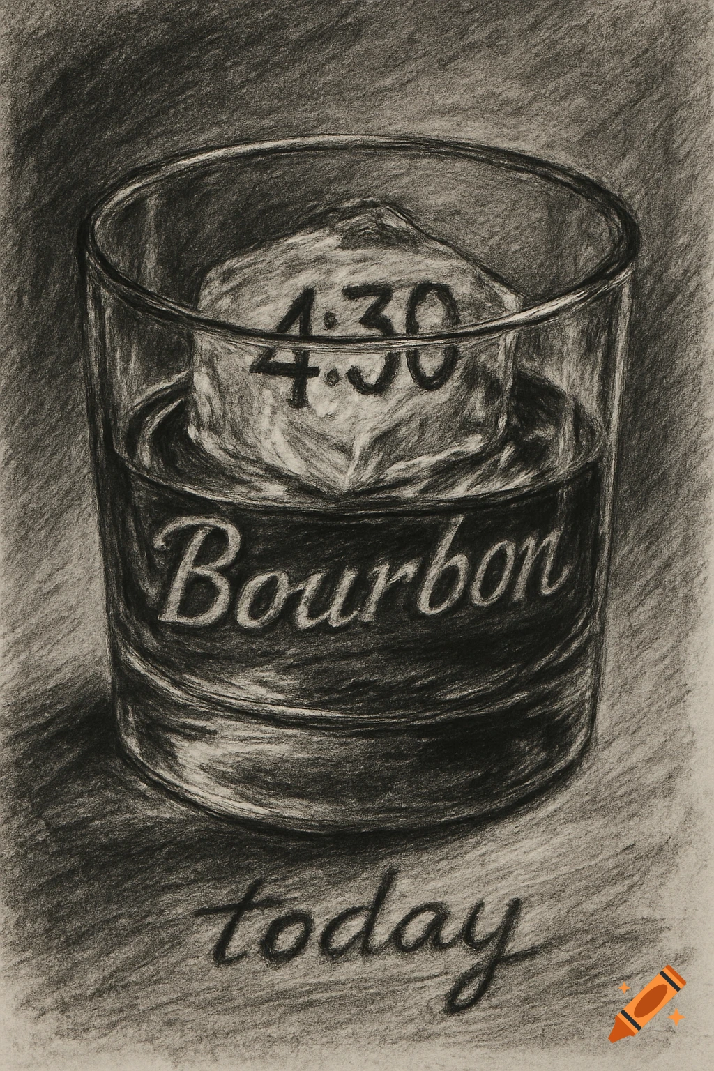A black and white charcoal sketch of a bourbon glass with a large ice ...