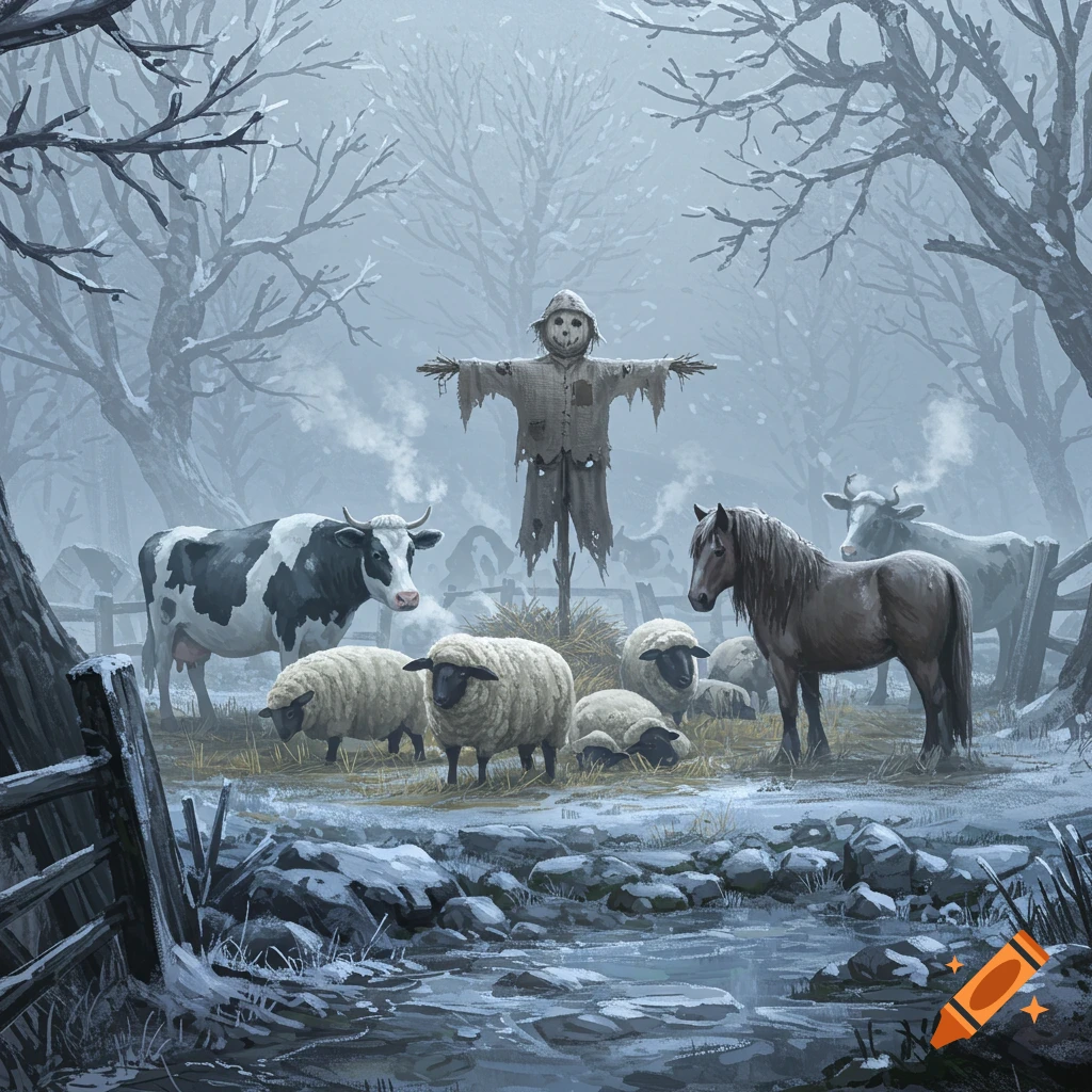 An illustrative, gloomy winter farm scene with a scarecrow, cows, sheep ...