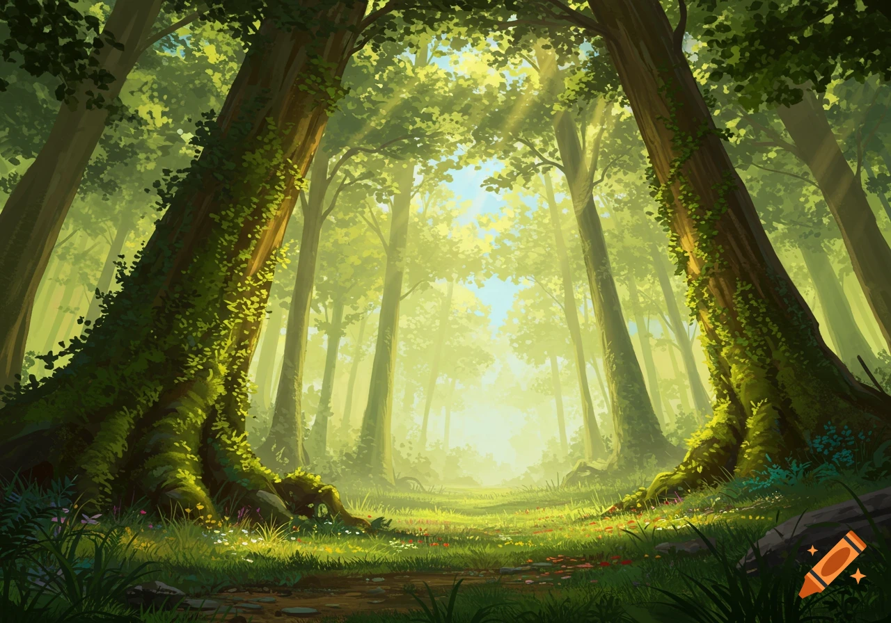A sun-drenched forest scene from a low angle, looking up between two ...