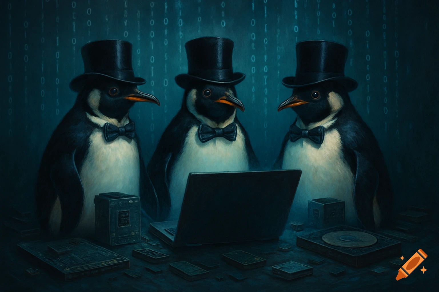 Three stylized penguins in top hats and bow ties look at a laptop ...