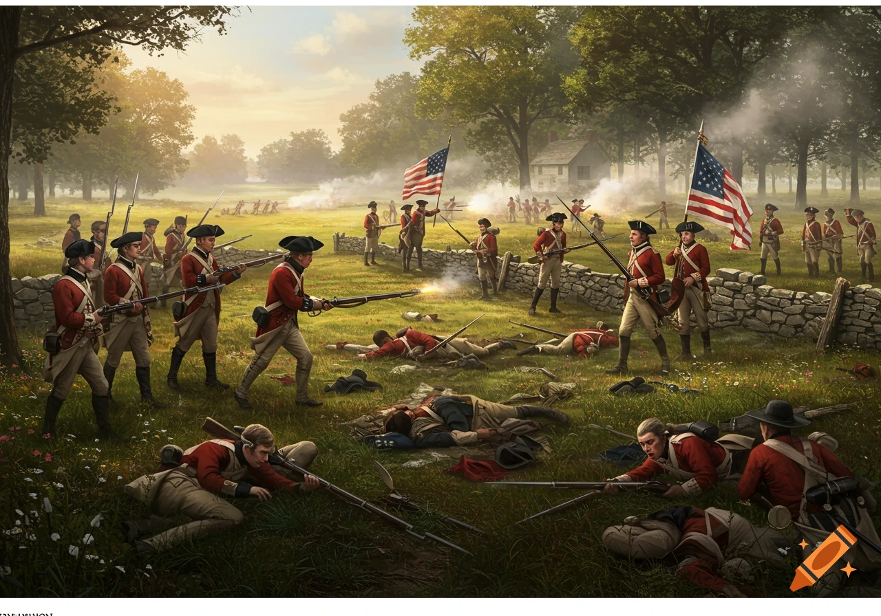 Detailed illustration of the Battle of Lexington and Concord, with ...