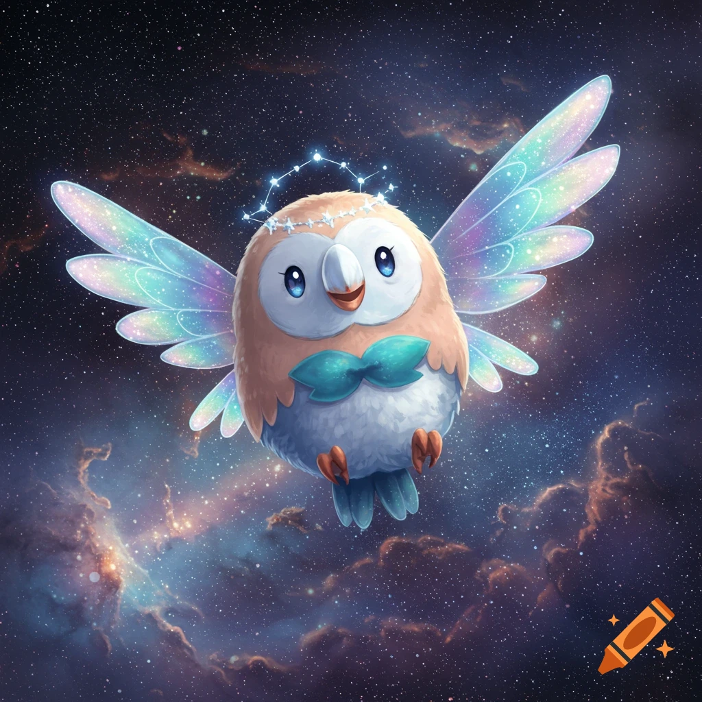 A cute, winged owl resembling a Rowlet Pokémon, with a starry halo and ...