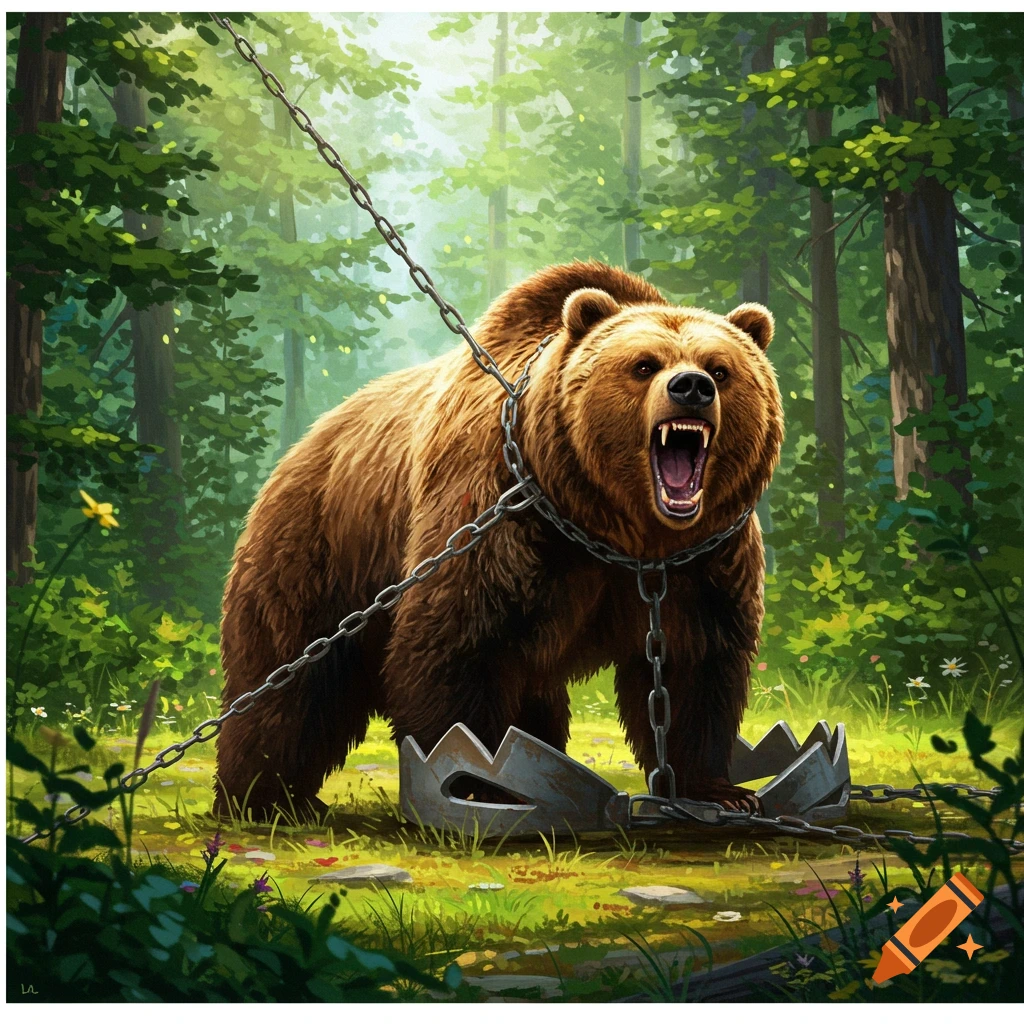 An enraged brown grizzly bear, caught in a metal leg trap and chains ...