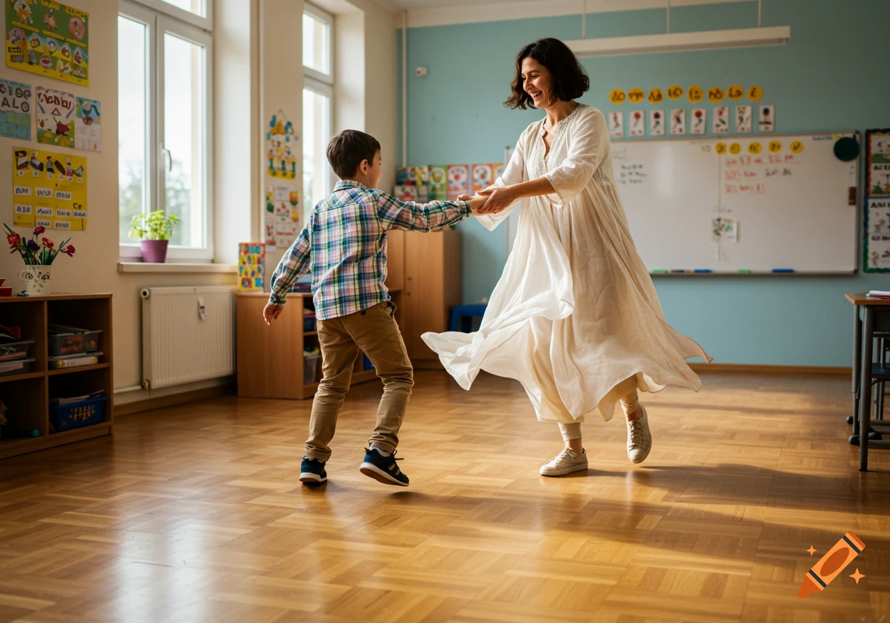 A smiling teacher and a young student happily dance in a bright, sunlit ...