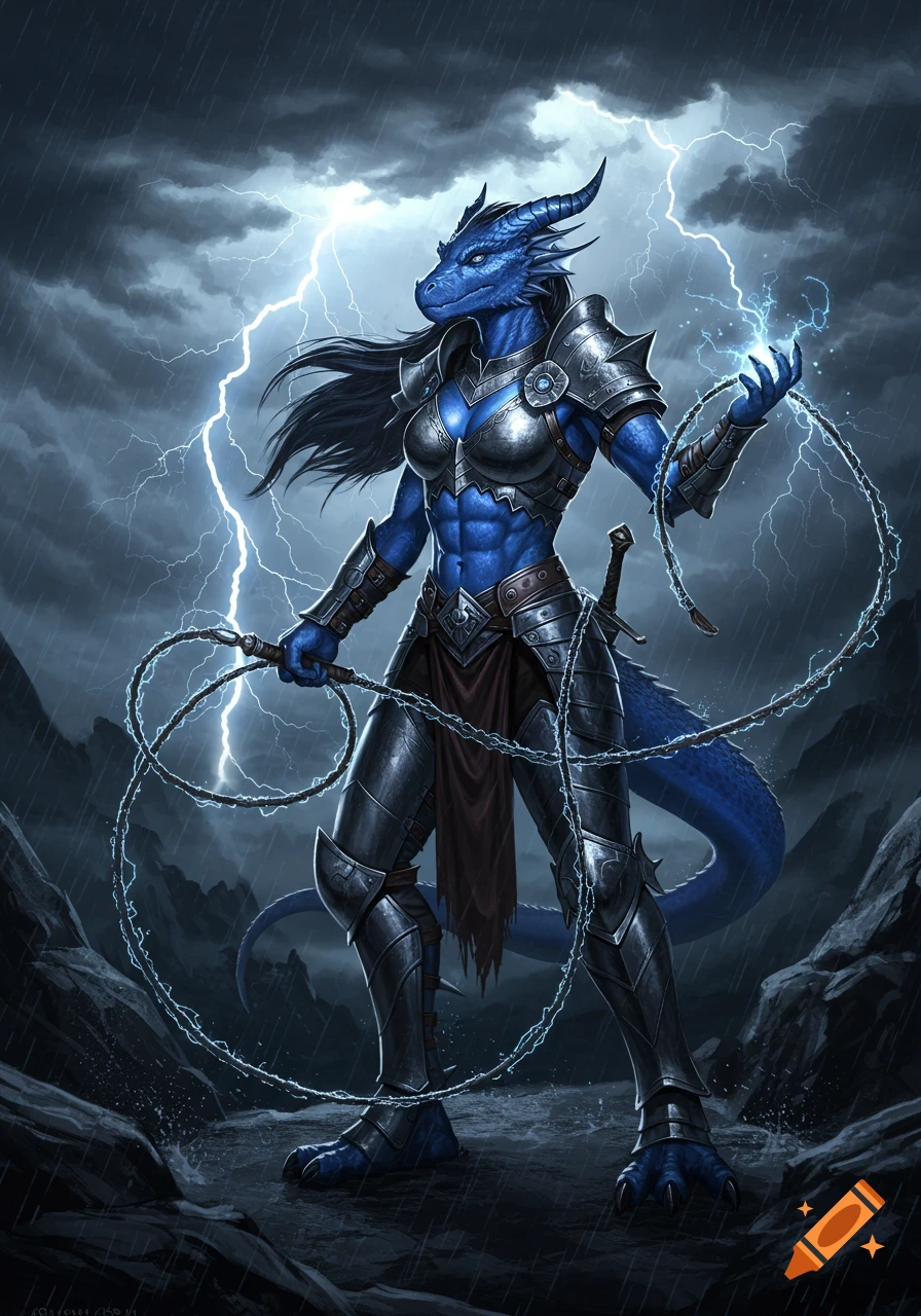 A female blue dragonborn fighter in armor wields an electrified whip in ...