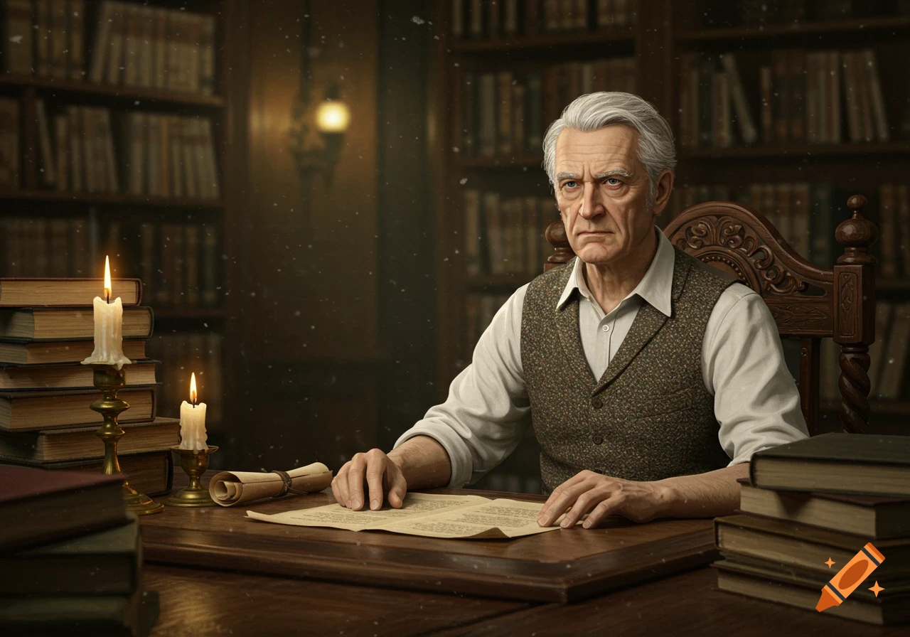 A distinguished old man with white hair and a thoughtful expression ...