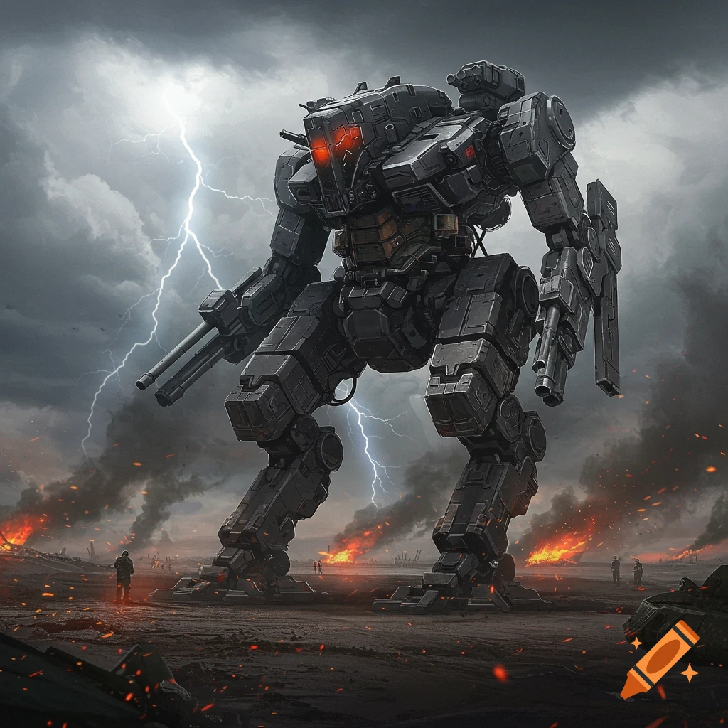 A giant dark grey combat mech with glowing red eyes stands on a fiery ...