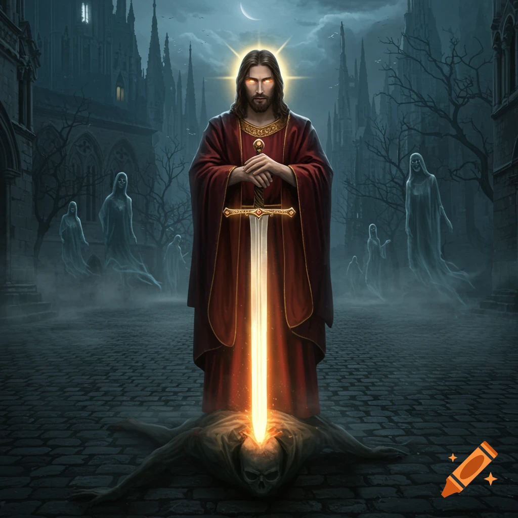 Jesus with glowing eyes and a sword piercing a skeletal figure representing death in a dark ...