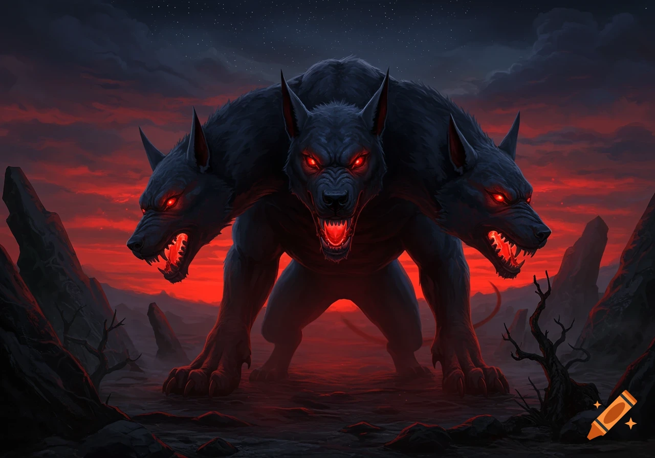 A menacing three-headed Cerberus with glowing red eyes and mouth stands ...