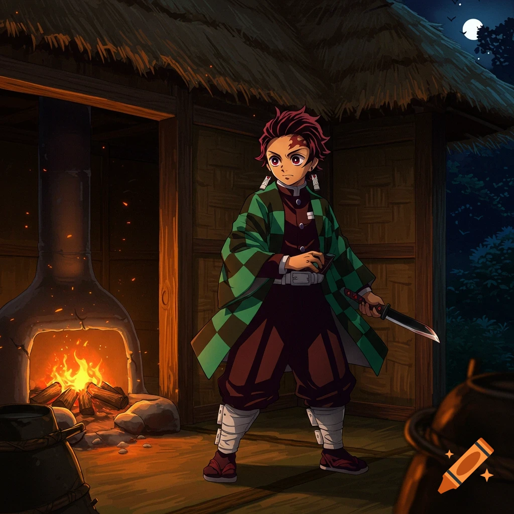 Anime character Tanjiro holds a knife inside a thatched hut with a ...