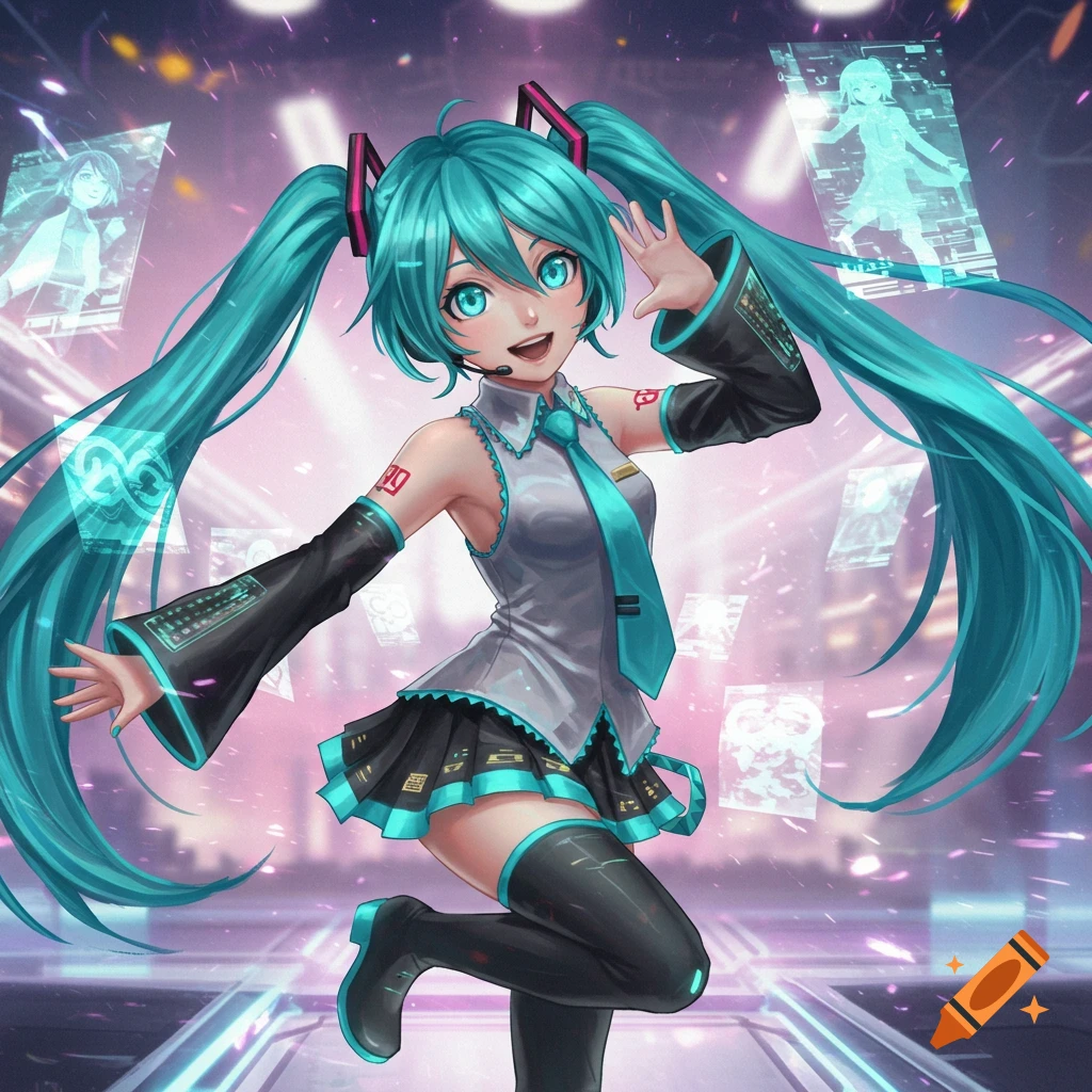 Hatsune Miku, an anime character, with long teal twin-tails, blue eyes ...