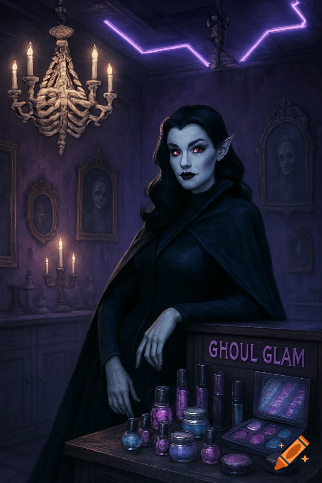 Pale vampire woman with red eyes and pointed ears leans on a 'Ghoul ...