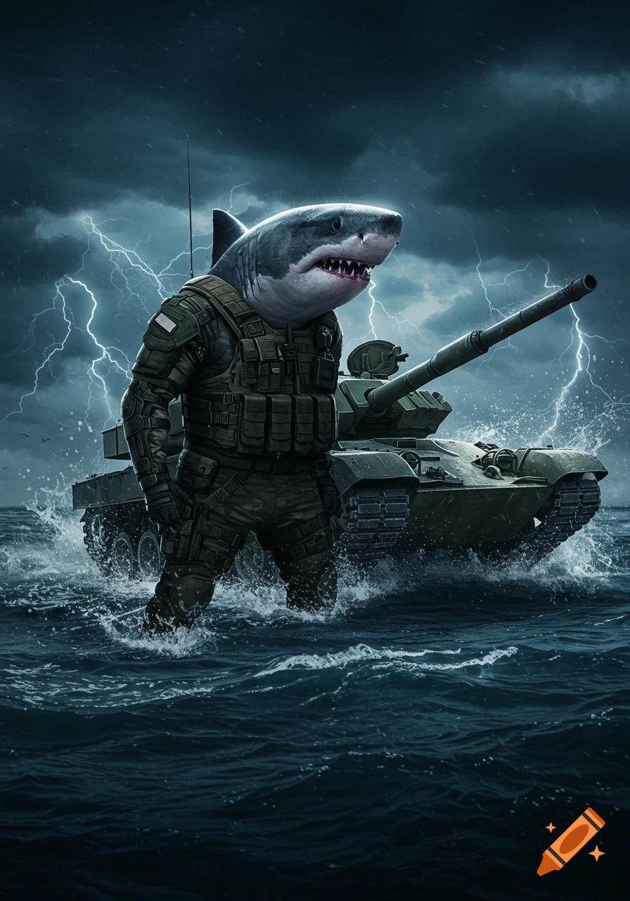 A great white shark wearing tactical army gear stands in choppy water ...