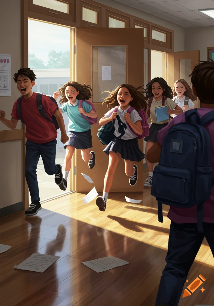 Illustrated group of laughing students rushing out of a school ...