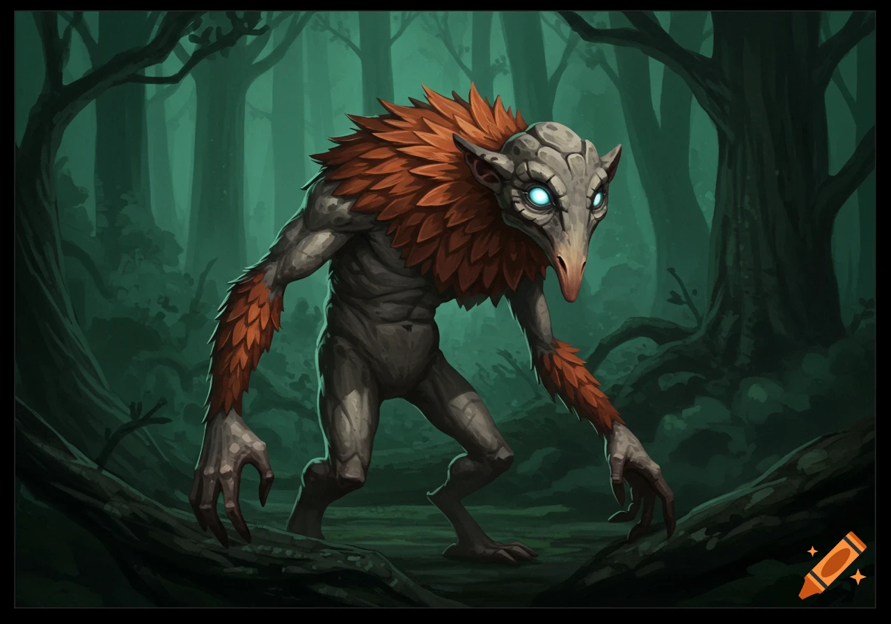 A grey-skinned, bird-headed creature with glowing blue eyes and orange ...
