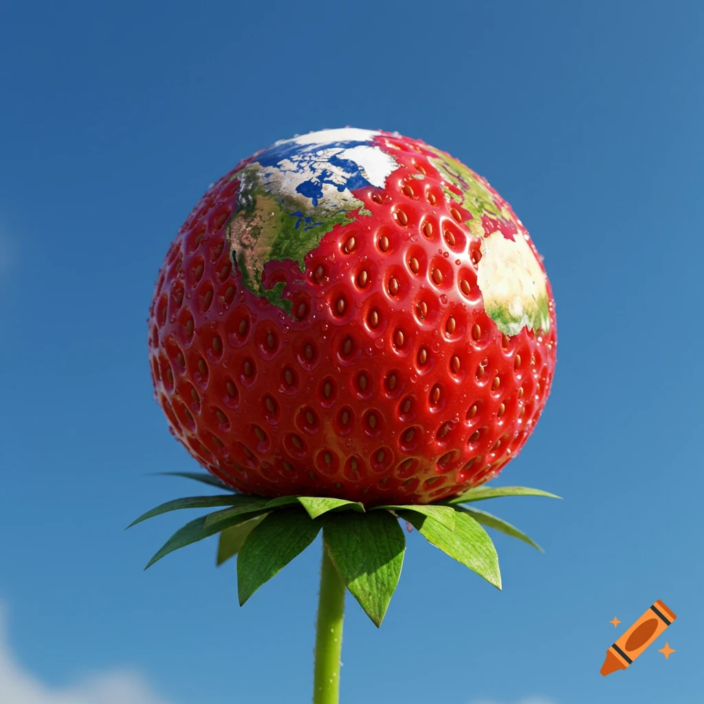 A photorealistic strawberry shaped like planet Earth on a green stem ...