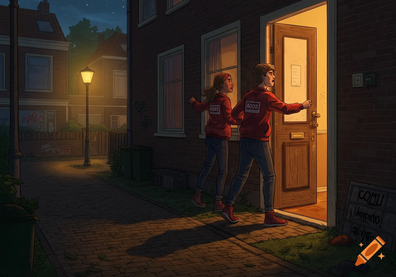 Cartoon illustration of two young people in red 'ROOD' jackets stepping ...