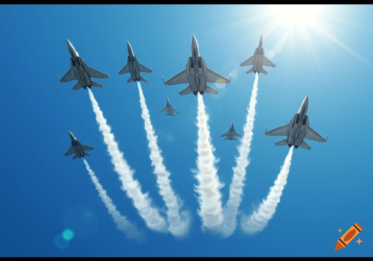 Multiple fighter jets flying in formation across a clear blue sky ...