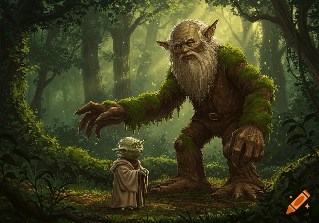 Yoda looks up at a massive, moss-covered tree giant with a white beard ...