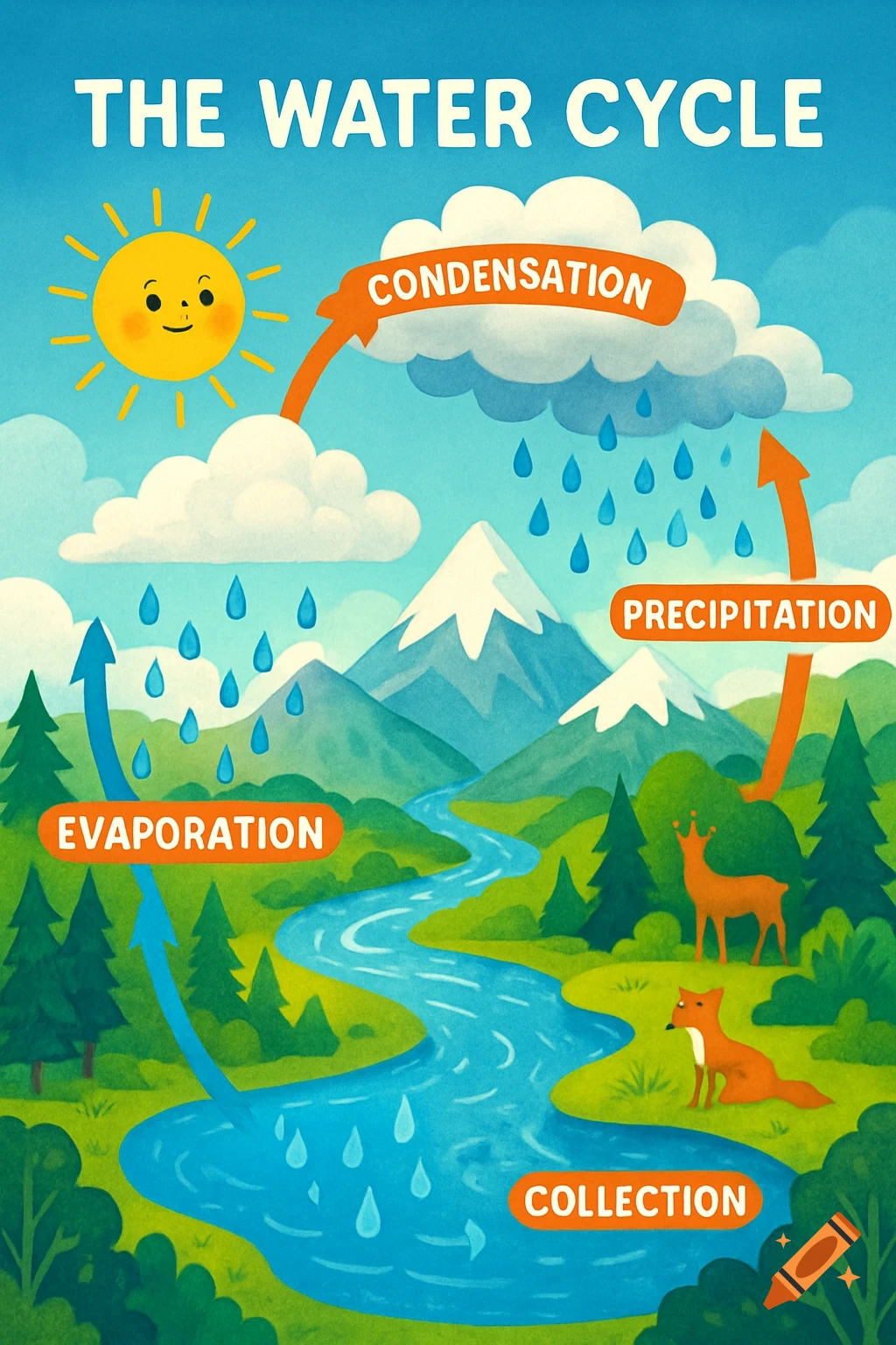 An educational illustration of the water cycle with labels, mountains ...