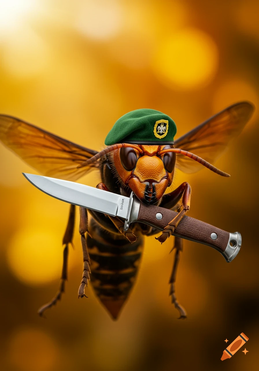 Photorealistic image of an angry Japanese giant hornet wearing a green ...