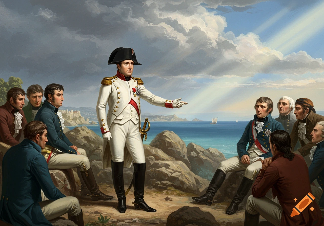 Painting of Napoleon in white uniform, pointing to men in historical ...