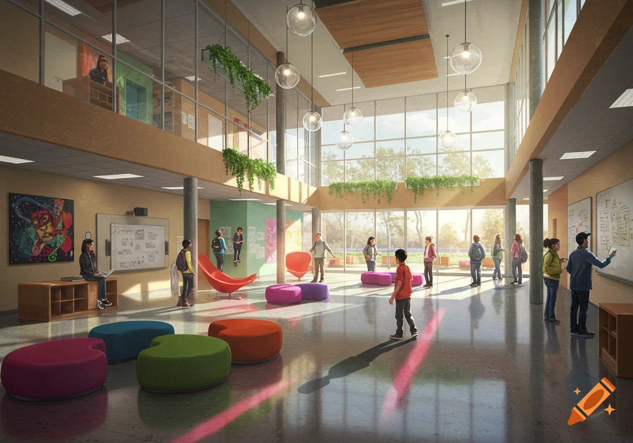A brightly lit modern school interior with high ceilings, large windows ...
