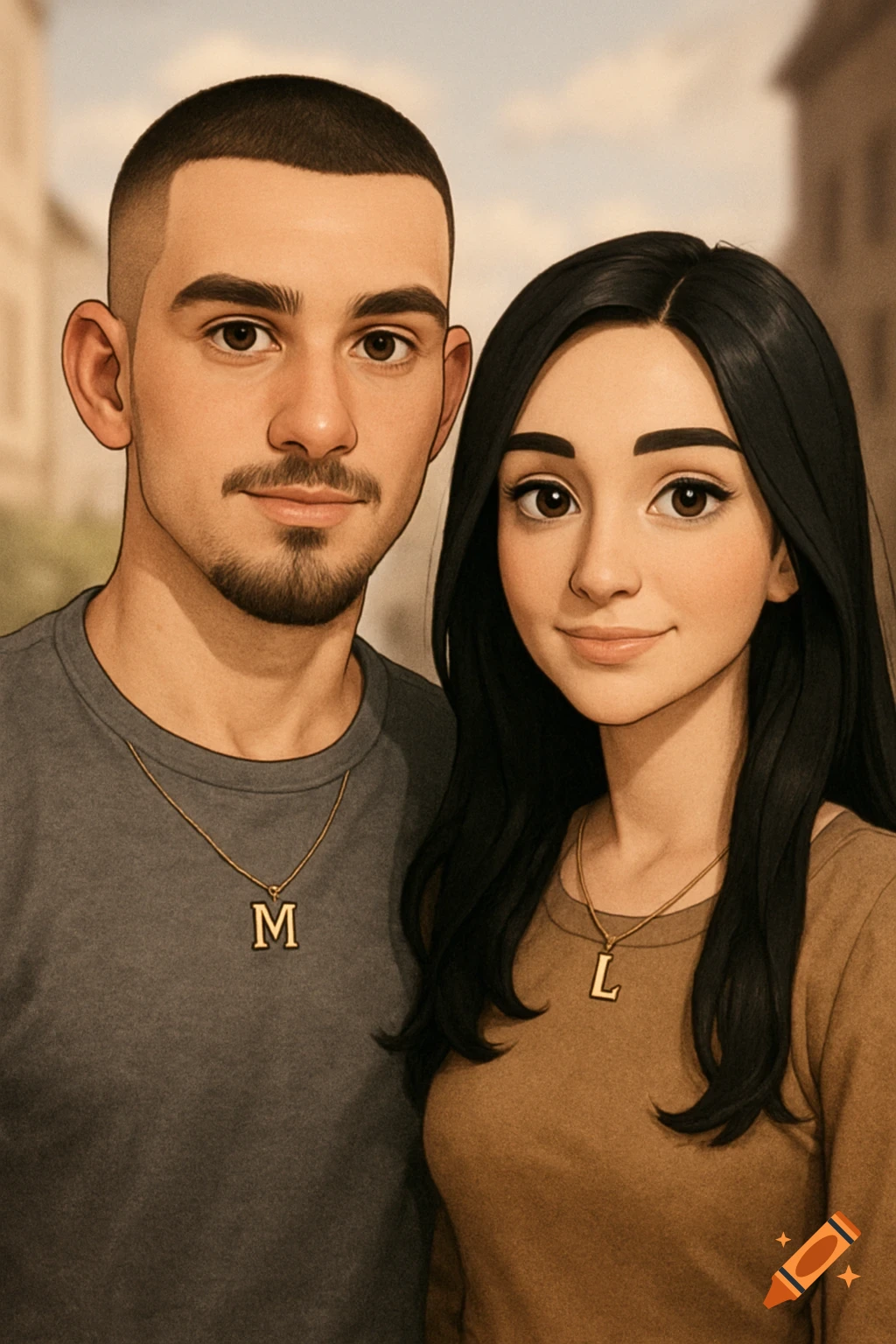 An illustrated portrait of a young couple, the man with an 'M' initial ...