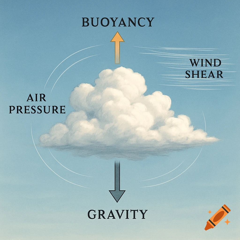 A scientific diagram illustrating forces on a cloud, with arrows for ...