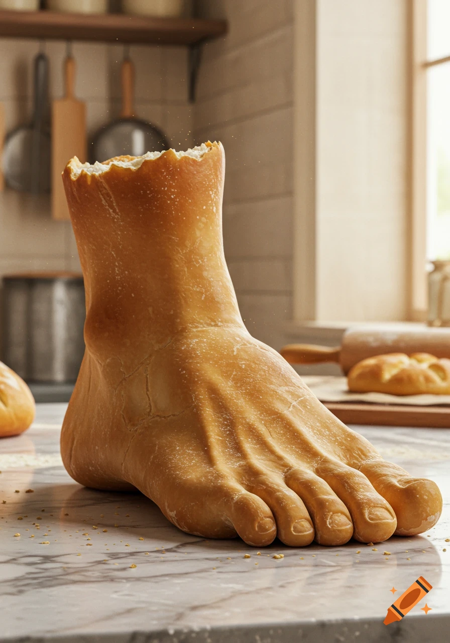 Photorealistic image of a human foot sculpted from bread, sitting on a ...