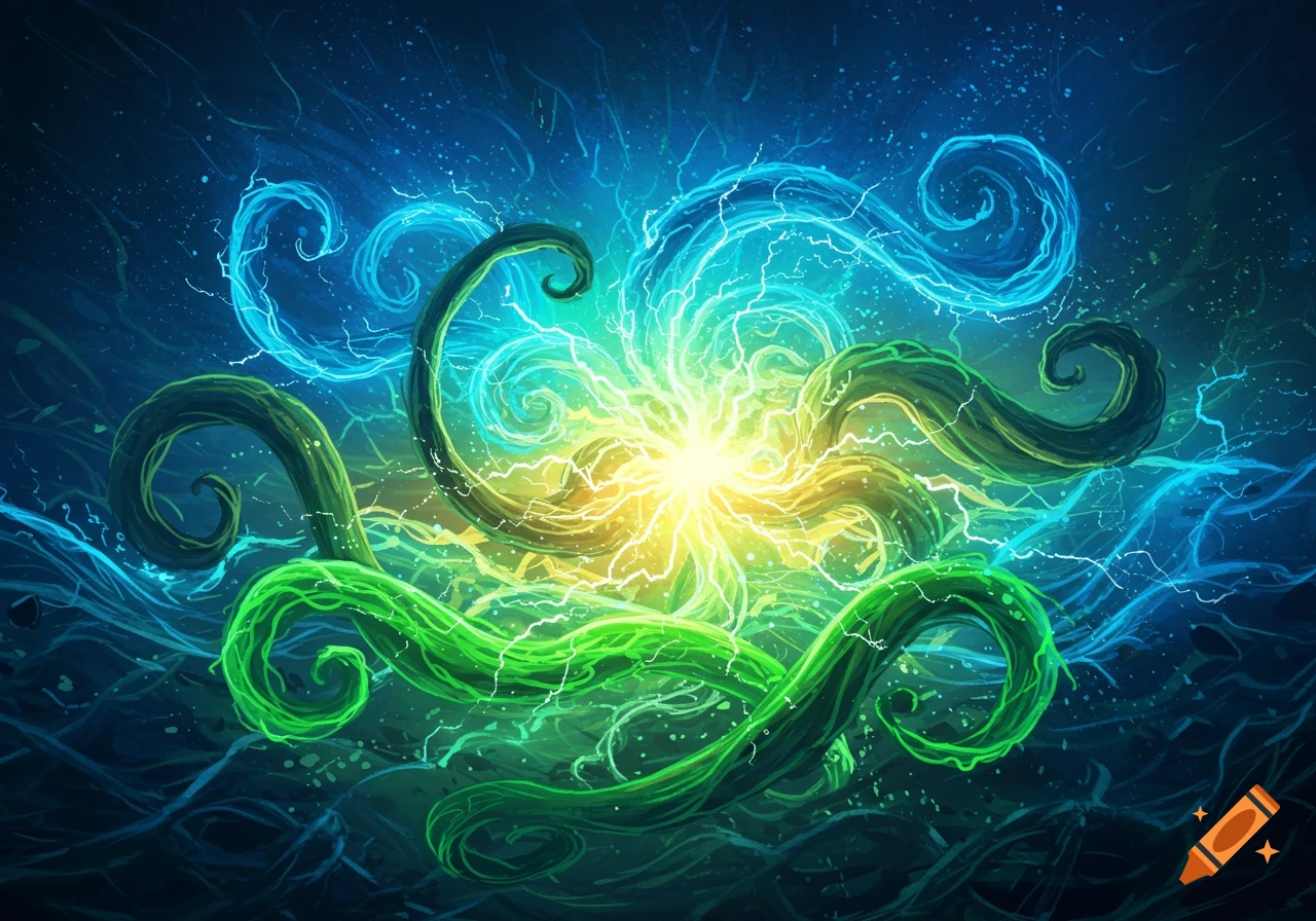 Vibrant digital art of swirling green and blue energy tendrils with a ...