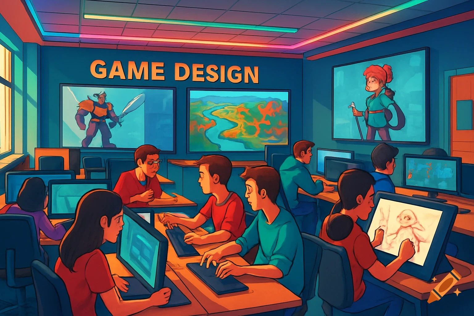 A bright, cartoon-style game design classroom with students working on ...
