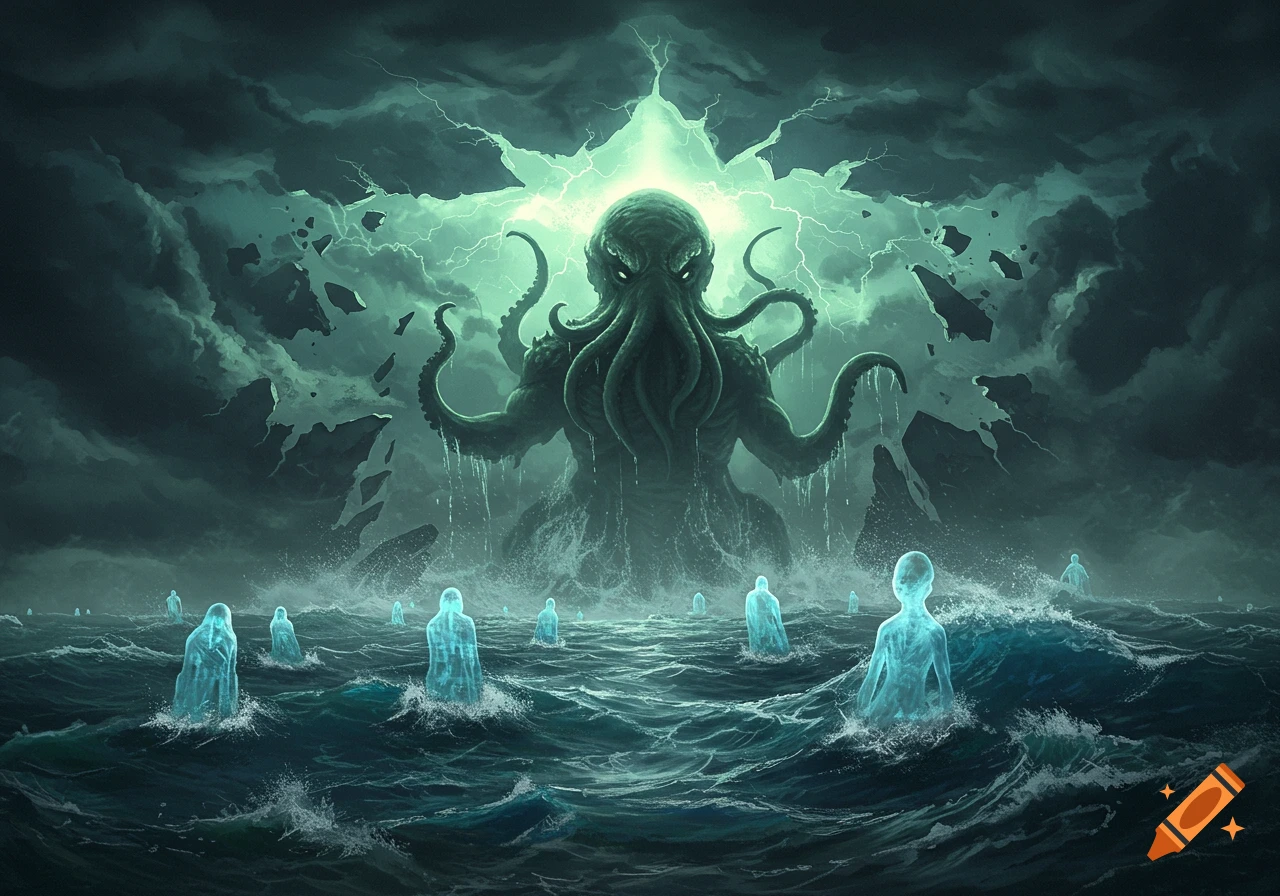 A colossal, tentacled Cthulhu-like creature rises from a stormy, dark ...