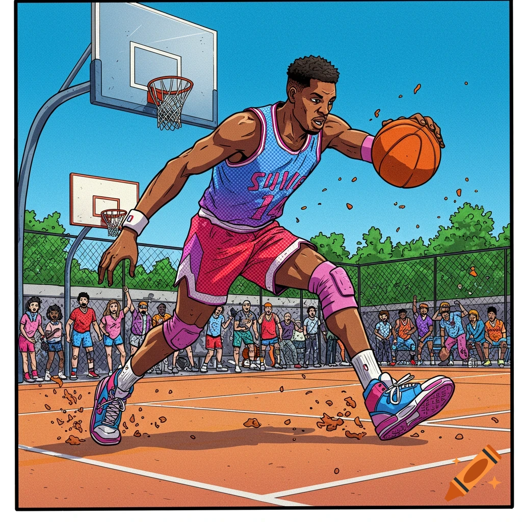 A male basketball player dribbles a ball on an outdoor court in a ...