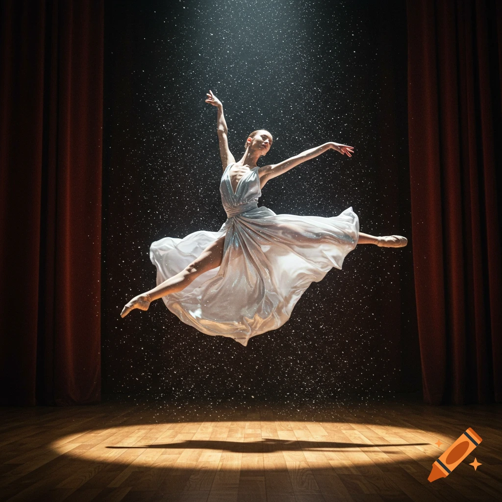A graceful ballet dancer in a white dress leaps high on a dark stage under a spotlight. on Craiyon