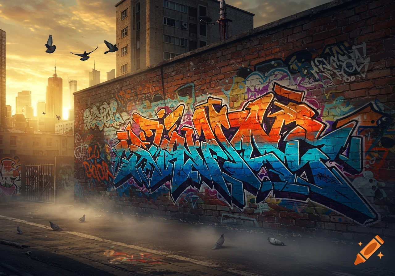 Vibrant orange and blue graffiti covers a brick wall in an urban alley ...