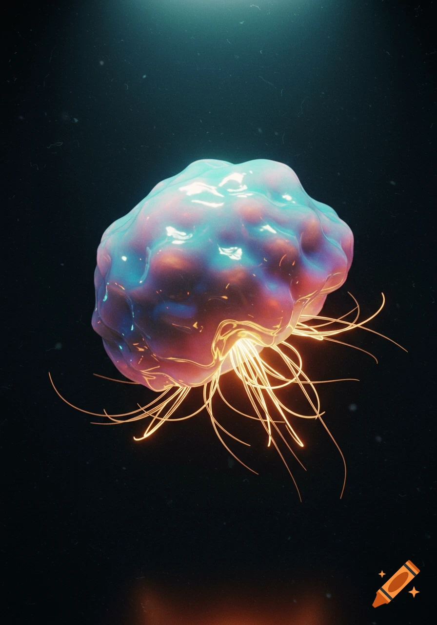 Abstract glowing blue, pink, and orange amorphous organism with bright ...