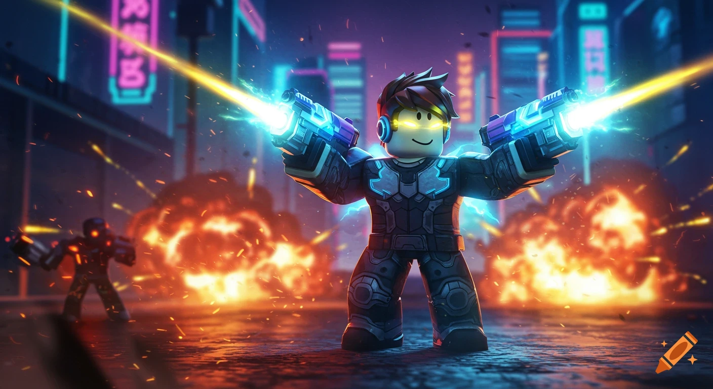 A Roblox character in futuristic armor wields two laser guns, shooting ...