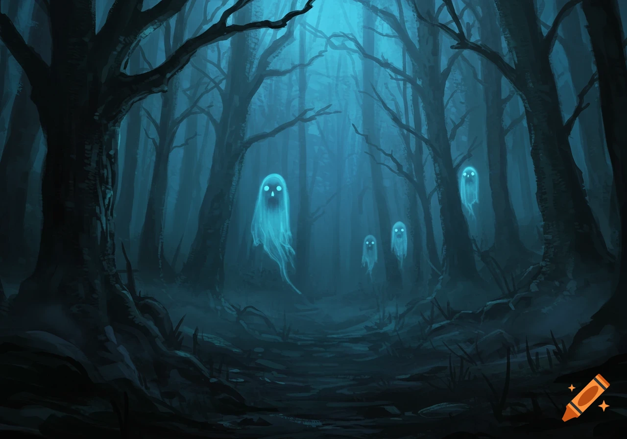 Four glowing blue ghosts drift through a dark, misty forest with tall ...