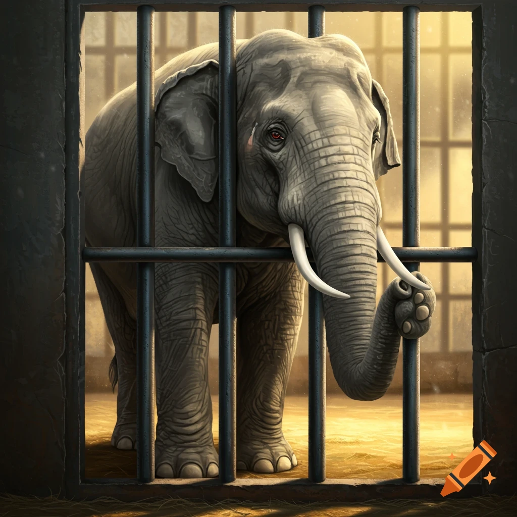 A sad, photorealistic gray elephant with tusks stands behind dark metal ...