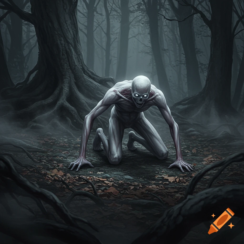 A gaunt, pale creature with glowing white eyes crouches on all fours in ...