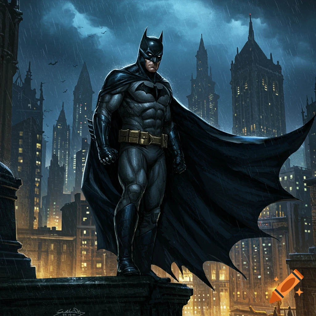 Batman stands on a rainy Gotham City rooftop at night, overlooking the ...