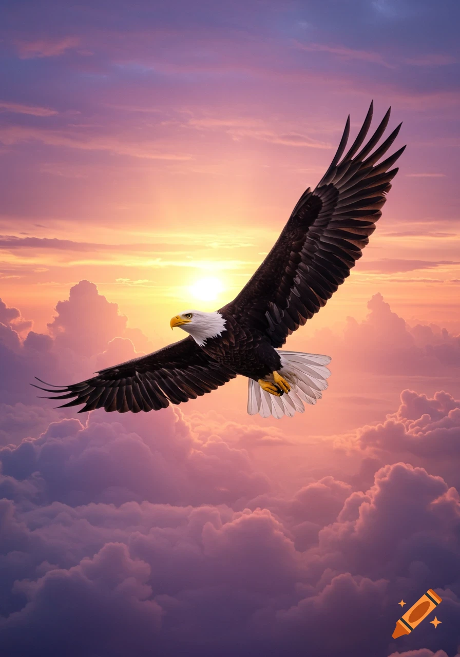 A majestic bald eagle soars with outstretched wings against a vibrant ...