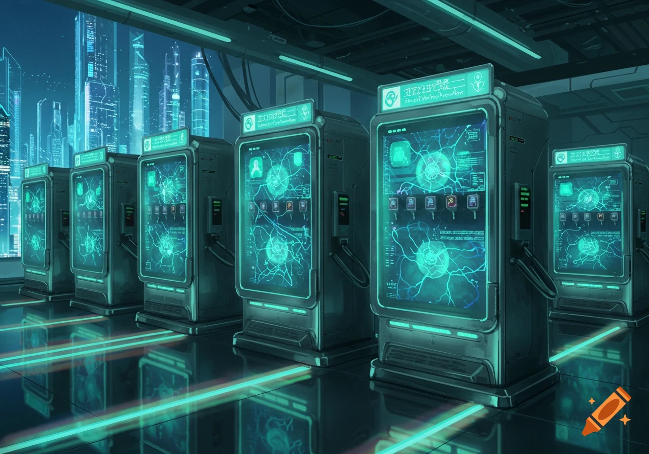 Row of glowing futuristic resource dispenser machines in a neon-lit ...
