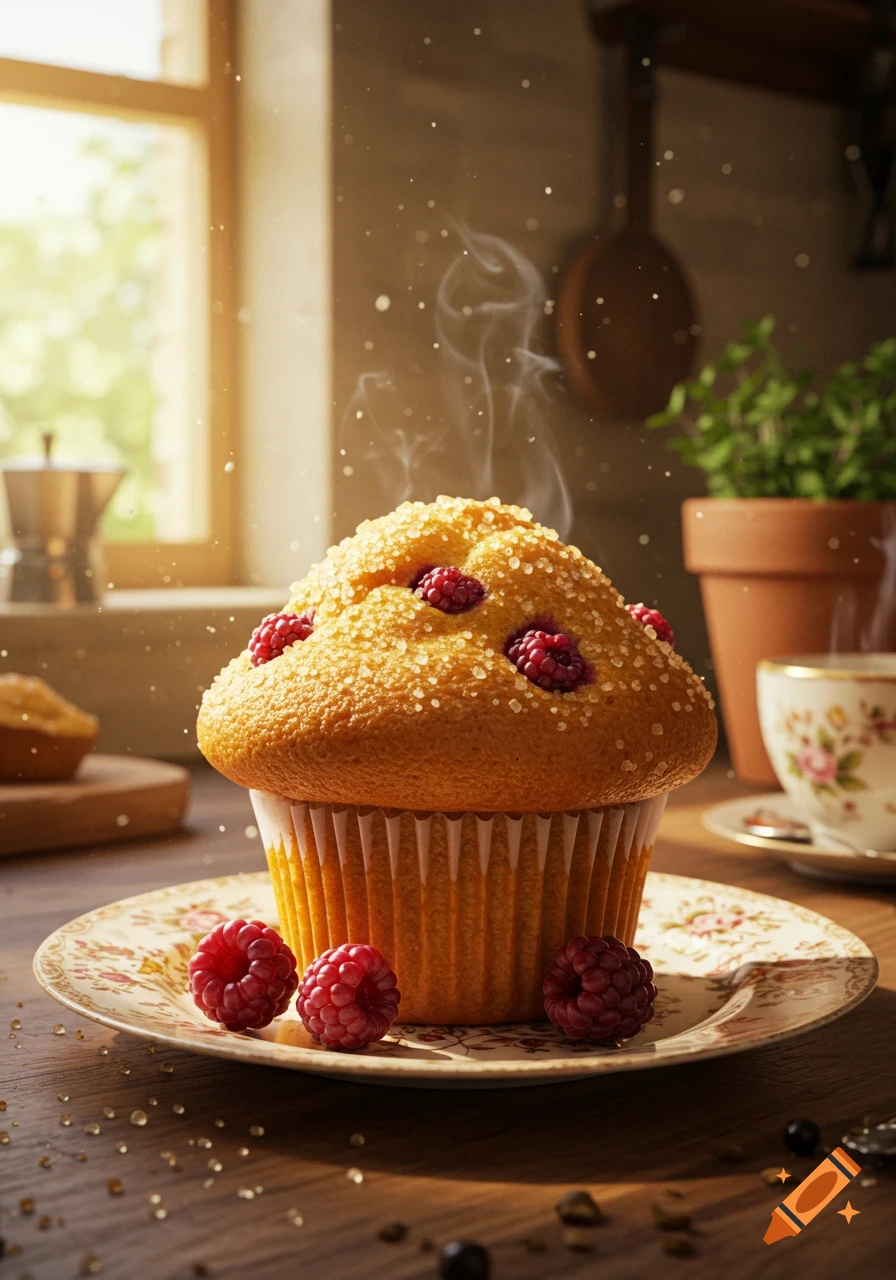 A close-up, warm-toned photorealistic image of a steaming raspberry ...