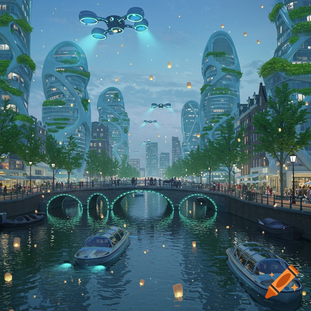 A vibrant, futuristic city with glowing canals, unique organic ...